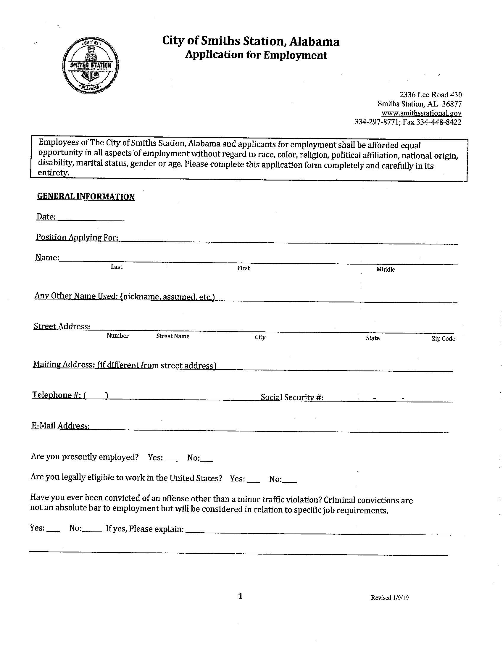 Application for Public Works - City of Smiths Station AL